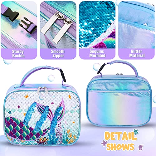WAWSAM Glitter Mermaid Backpack Set - Sparkly School Backpack with Lunch Box for Girls Preschool Kindergarten Elementary 15β Blue Hiking Travel Book Bag Schoolbag Insulated Lunch Bag