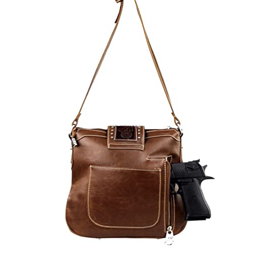 Concealed Carry Tooled Leather Crossbody Purse - Coffee