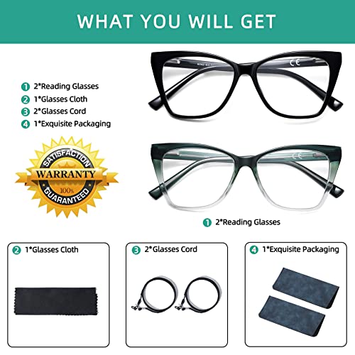 Oversized Reading Glasses Women Cat Eye Photochromic Computer Reader Stylish Ladies Designer Fashion Big Unbreakable Eyewear 2Pack Black & Dark Green +2.25x