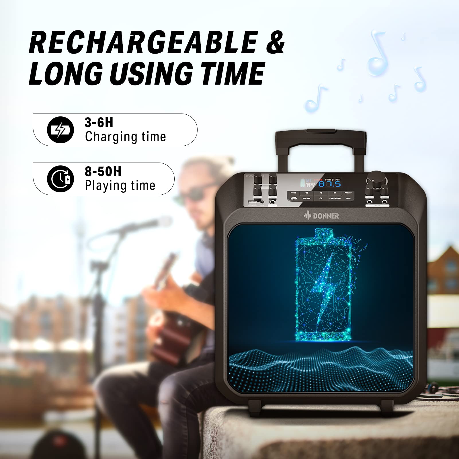 Donner Portable Bluetooth Speaker, PA System Subwoofer for Christmas, Karaoke Machine with 2 Wired Microphones, Supports Voice Changing, Treble/Bass Adjustment, Guitar Input, AUX, FM/AM, USB-Charging