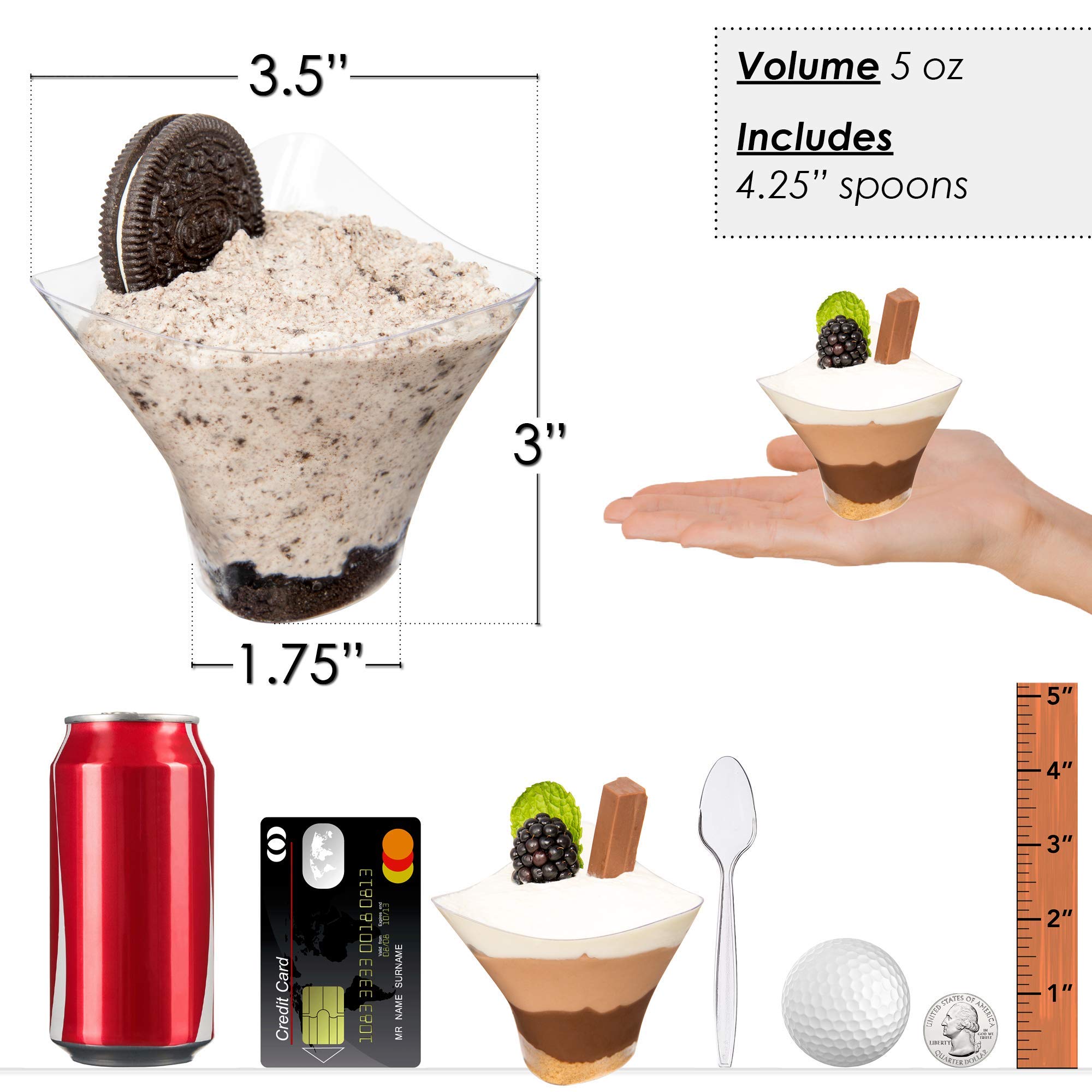 DLux 50 x 5 oz Mini Dessert Cups with Spoons, Large Swirl - Clear Parfait Appetizer Cup - Small Reusable Serving Bowl for Tasting Party Desserts Appetizers - With Recipe Ebook