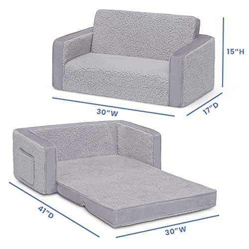 Delta Children Cozee Flip-Out Sherpa 2-in-1 Convertible Sofa to Lounger for Kids, Grey Sherpa/Suede