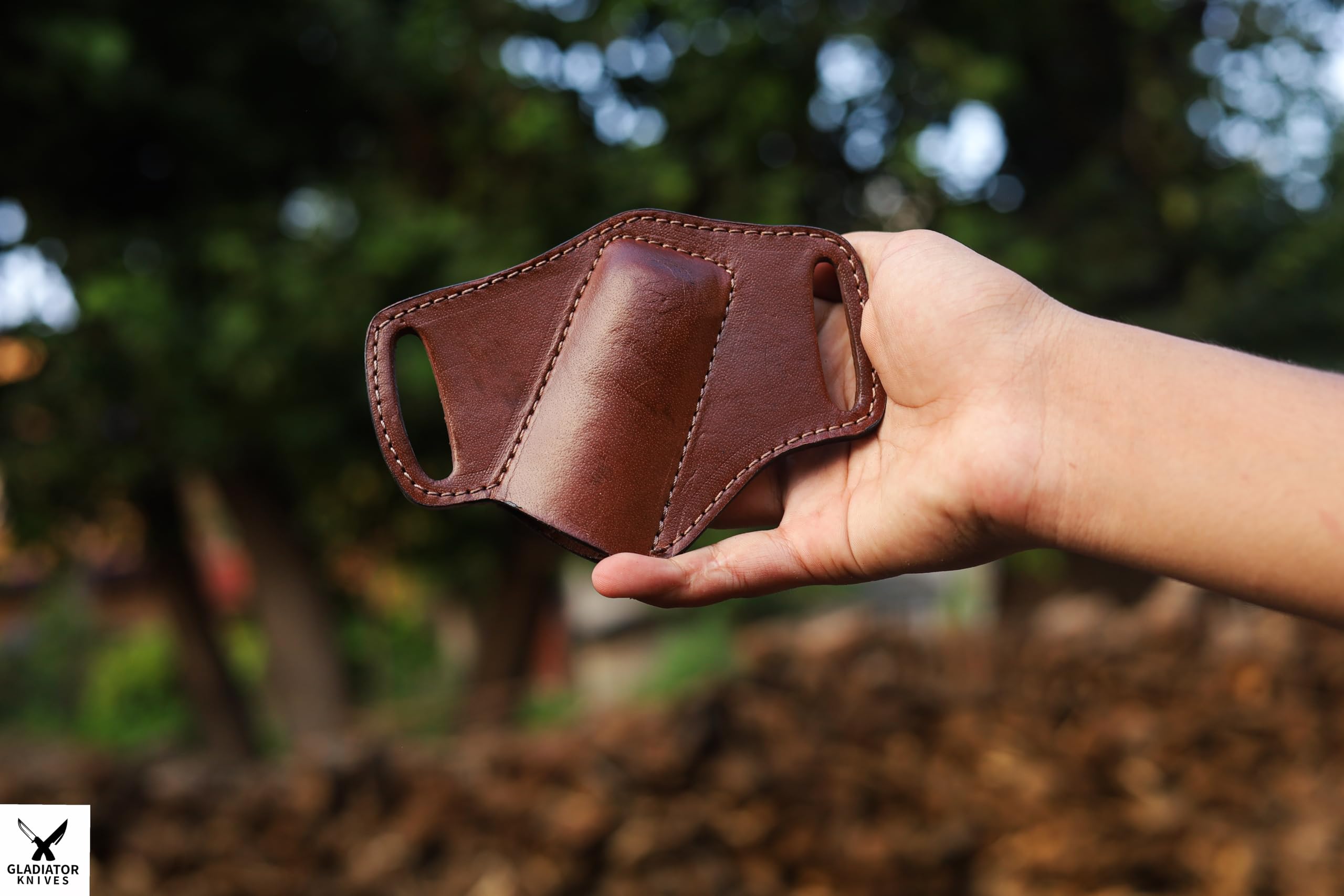 Handmade Leather Sheath for Pocket Knives, Slanted Pancake/Tooled/Belt/Trapper Style, TAN, 100% Real Leather (Brown)