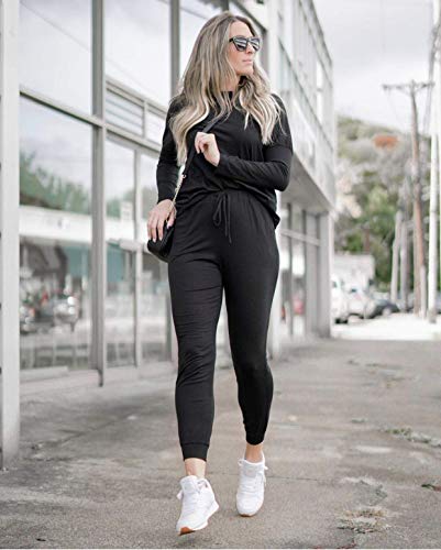 PRETTYGARDEN Women's 2023 Fall Two Piece Outfit Long Sleeve Crewneck Pullover Tops And Long Pants Tracksuit (Black,Small)