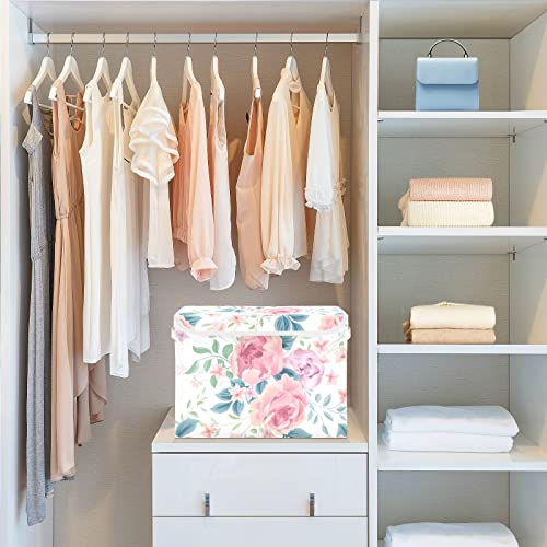 Kigai Storage Basket Pink Rose Flower Floral Storage Boxes with Lids and Handle, Large Storage Cube Bin Collapsible for Shelves Closet Bedroom Living Room, 16.5x12.6x11.8 In