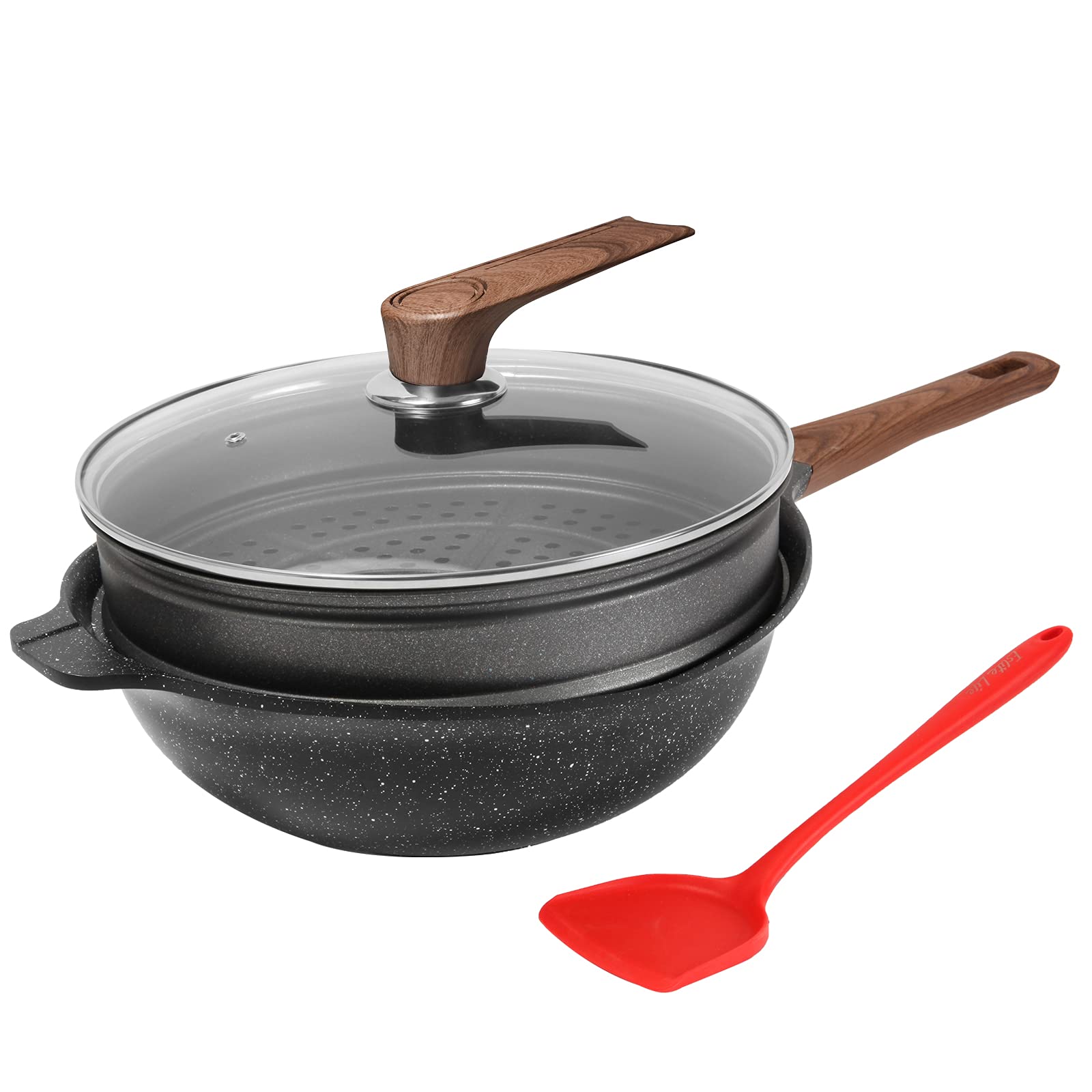 ESLITE LIFE Nonstick Woks & Stir-fry Pans with Steamer, Deep Frying Pan with Lid Induction Compatible (6.5 Quart // 12.5 Inch & Steamer)