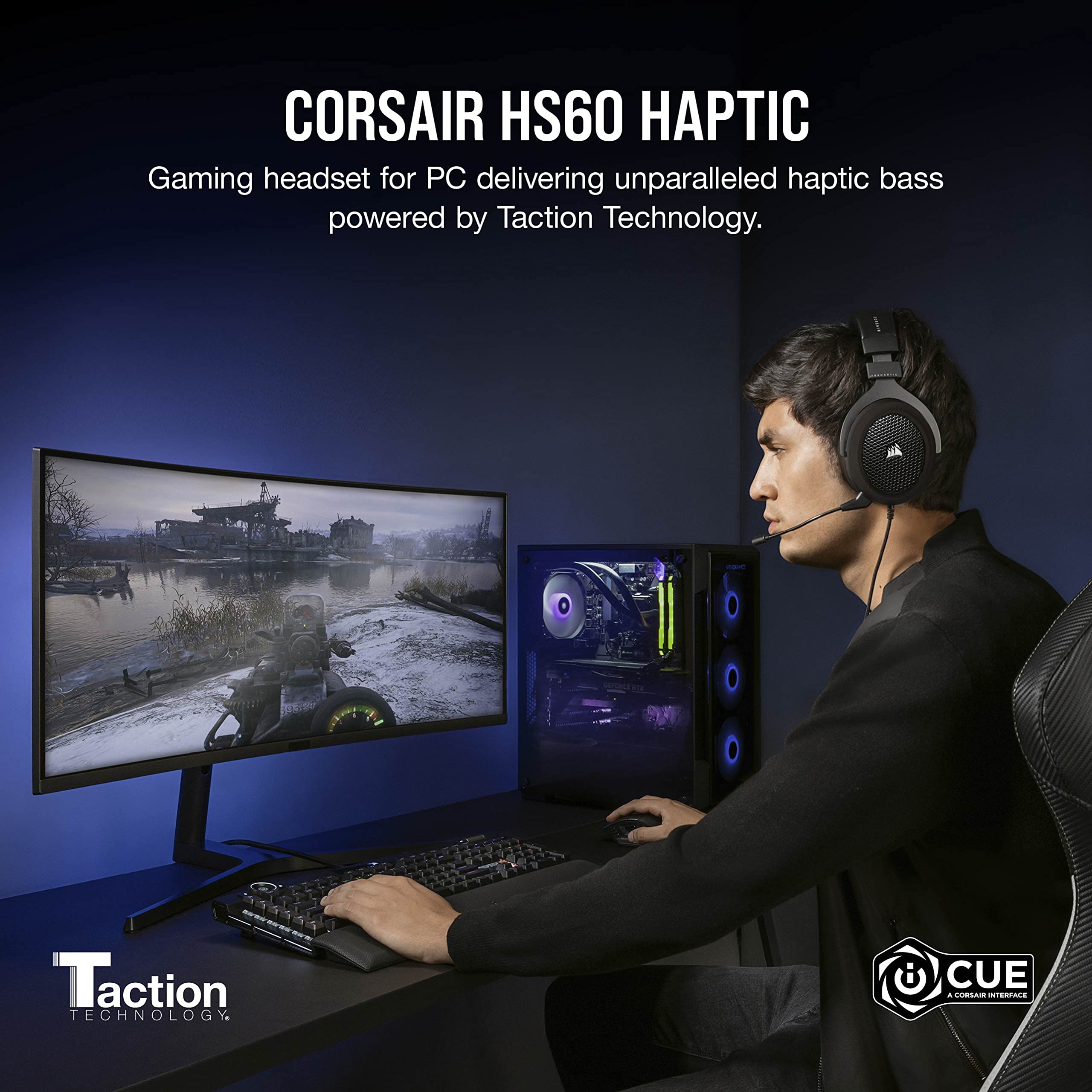 CORSAIR HS60 HAPTIC Stereo Gaming Headset with Haptic Bass, Carbon (Renewed)