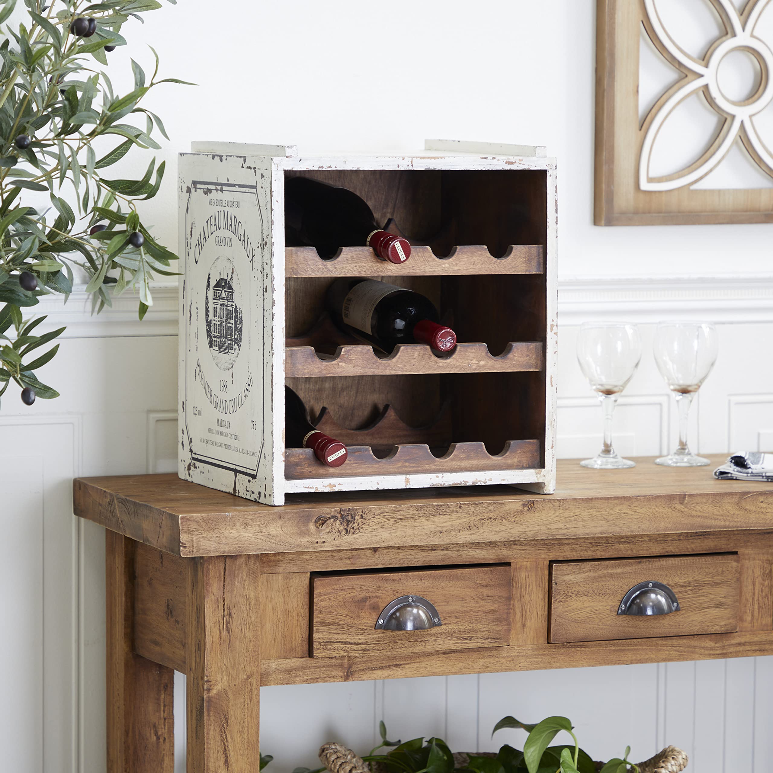 Deco 79 Wood 12 Bottle Standing Wine Rack, 14" x 13" x 16", White