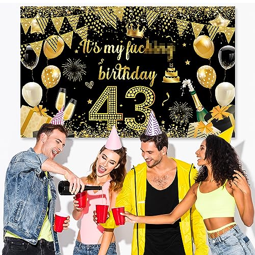 It's My Birthday banner Backdrop,Large Happy Birthday party decorations Backdrop ,Fun Black Gold Banner Birthday Decoration Supplies(Black gold 43)