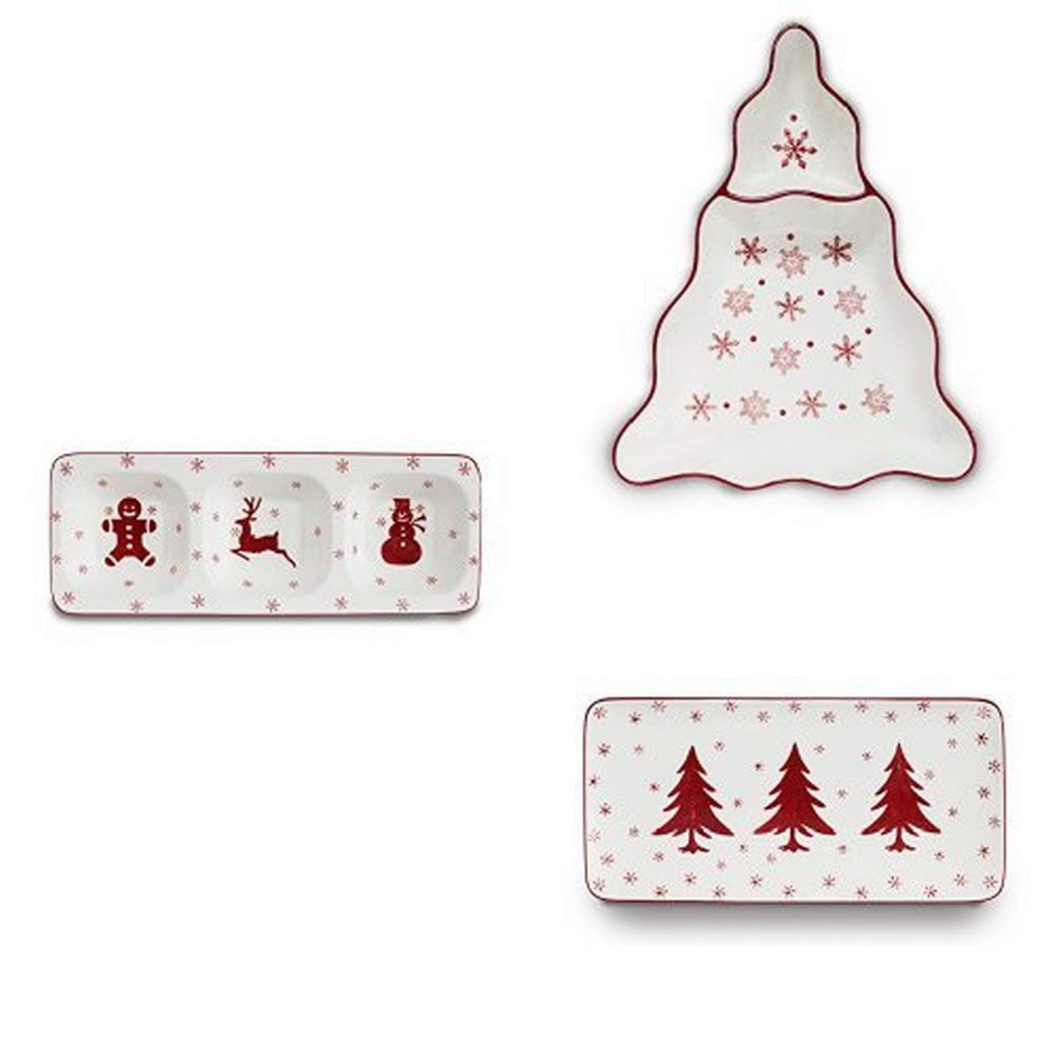 Euro Ceramica Winterfest Dinnerware Snacking & Serving Holiday Bundle – 1 Piece Chip and Dip Tree Platter + 1 Piece Three-Section Divided Platter + 1 Piece Appetizer Tray