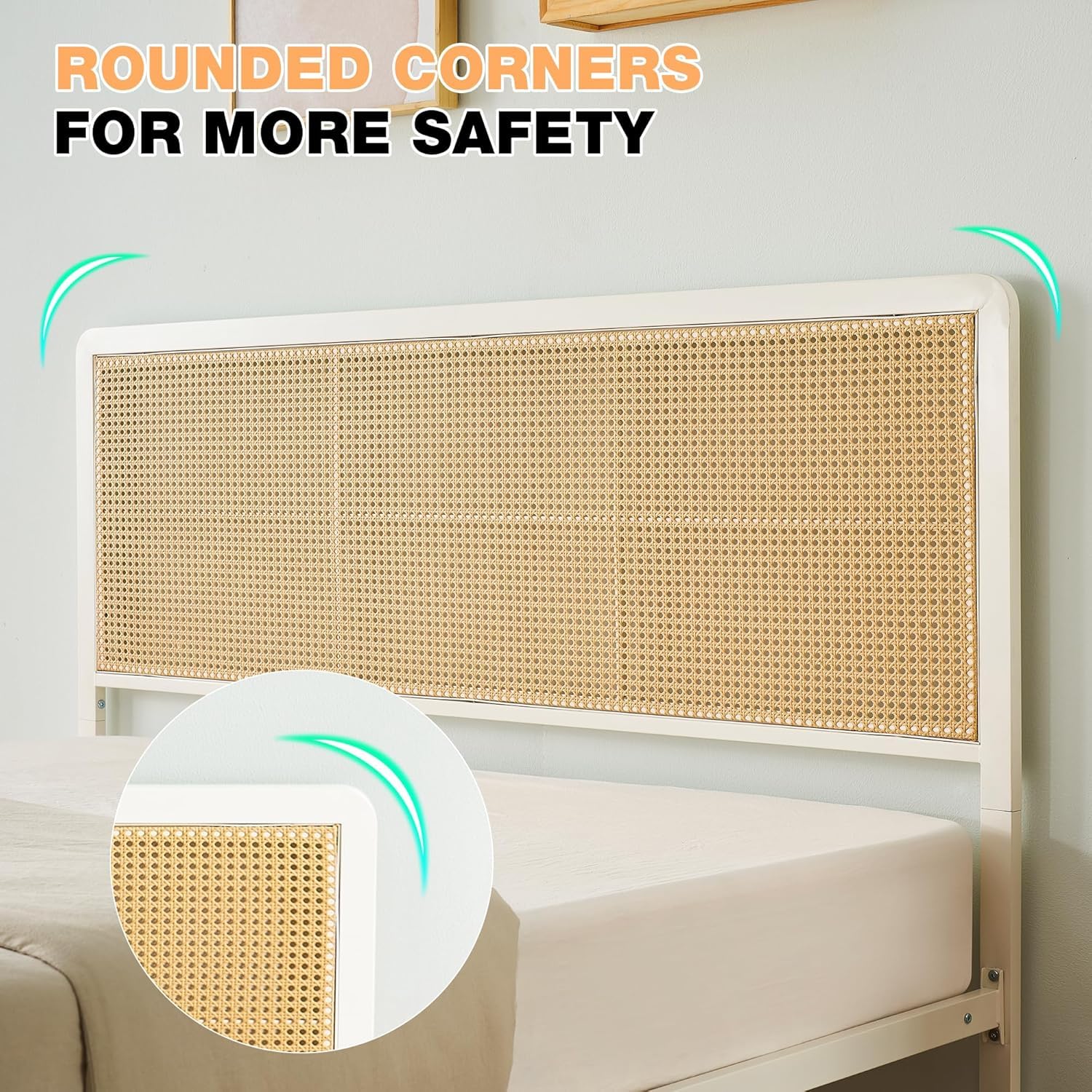 GarveeHome Queen Size White Rattan Bed Frame with LED Lights, Bed Frames with Rattan Headboard, Metal Rattan Platform with Under-Bed Storage, No Box Spring Needed, Noise Free