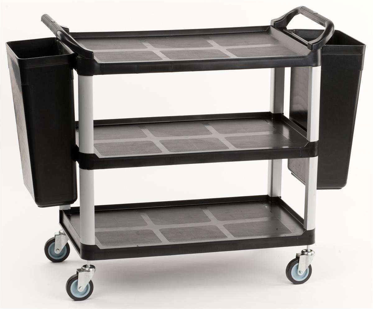Displays2go 3-Tiered Bus Cart with 2 Rubbish Bin Attachments, 2 Side Handles and Swiveling Wheels, Aluminum & Plastic (Black) - Large