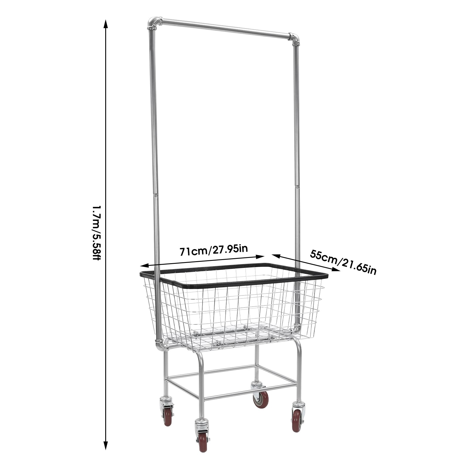 Heavy Duty Wire Laundry Cart, Rolling Laundry Basket with Hanging Garment Rack & Universal Wheels, Commercial Laundry Hamper Cart, Freestanding Laundry Storage and Organization