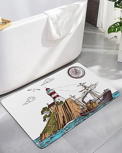Light-house Bath Mat for Tub,Non Slip Bathroom Floor Runner Rug Quick Dry & Absorbent Diatomaceous Earth Shower Sink Kitchen Living Room Washable Doormat,Retro Sailboat Ocean Coastal Nautical 16"x24"