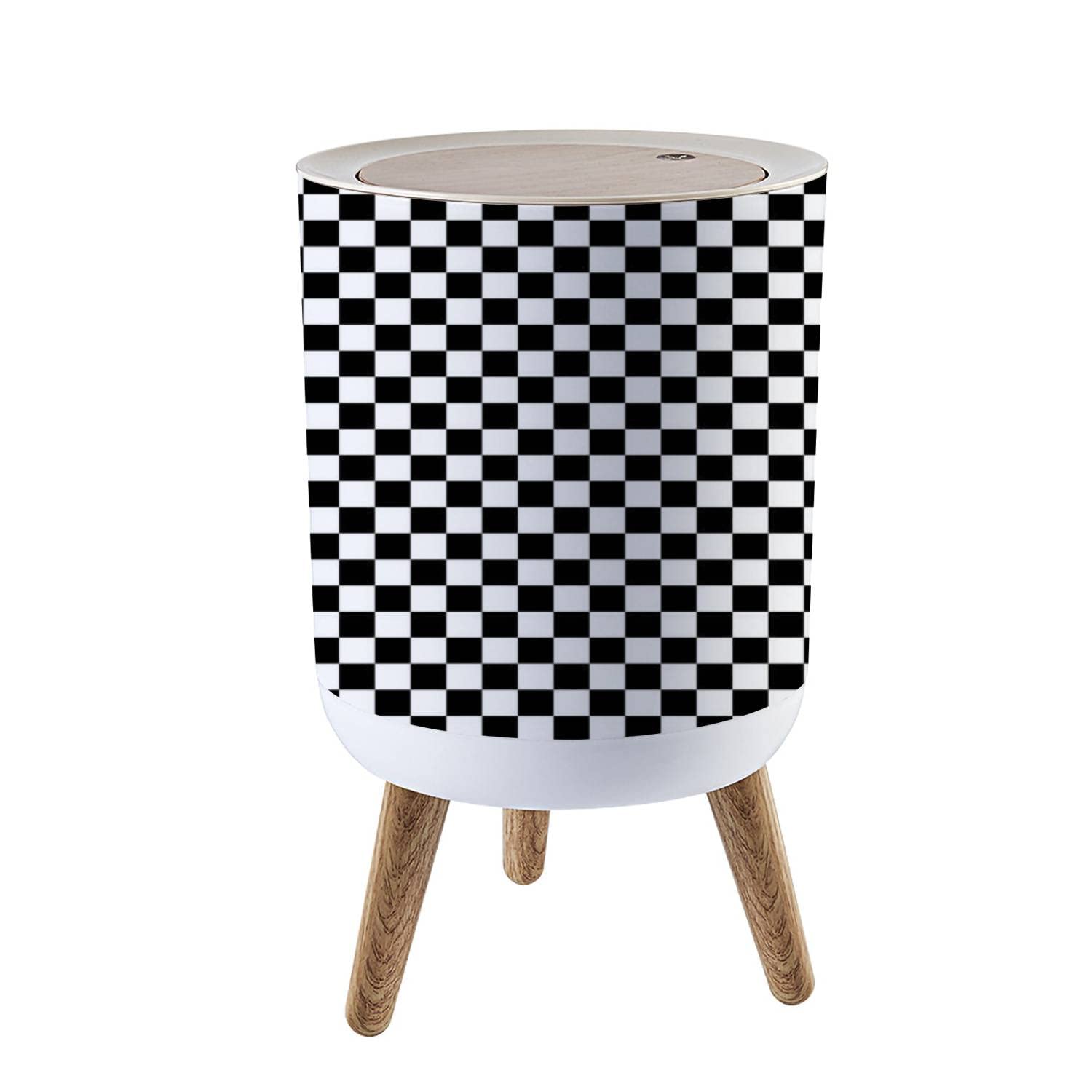 IKFLWJUTFW Small Trash Can with Lid Black and White Checkered Seamless Stock 7 Liter Round Garbage Can Elasticity Press Cover Lid Wastebasket for Kitchen Bathroom Office 1.8 Gallon