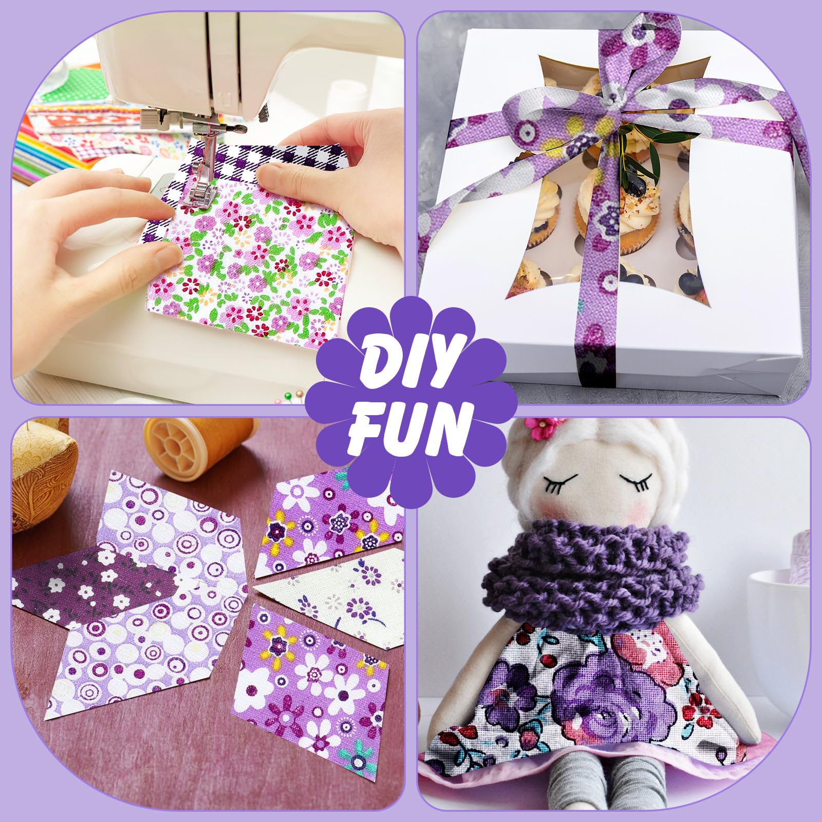 Kingdder 70 Pcs Floral Cotton Fabric Patchwork Roll 2.55 x 39.4 Inch Cotton Quilting Fabric Roll up Cotton Fabric Quilting Strips Precut Patchwork Roll for Craft Sewing DIY Crafts (Purple Flower)