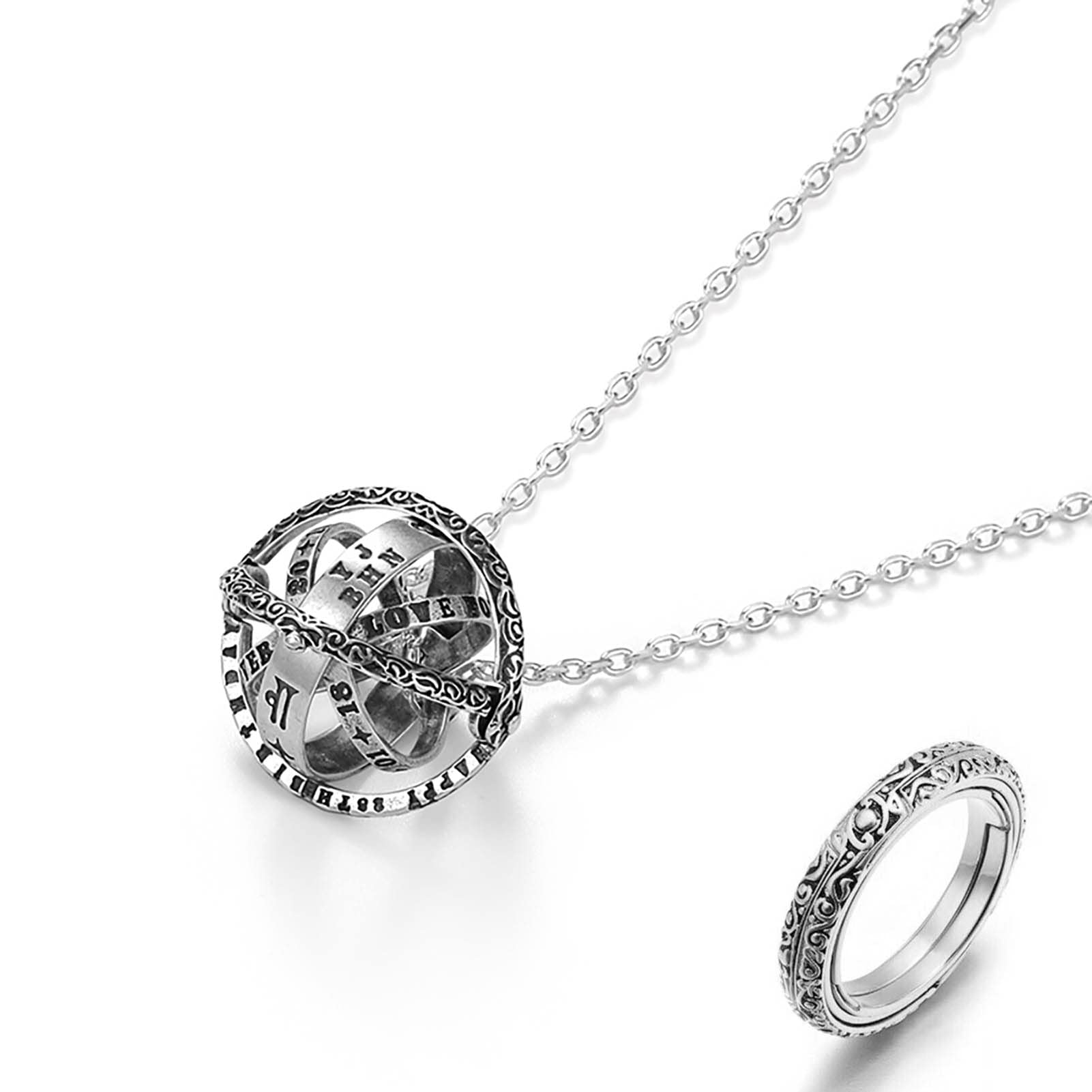 Dinfix Rotating Deformation Ring, Astronomical Ball Ring Necklace, Vintage Handmade Pendant Necklace, Stainless Steel Multi-function Ring (silver, 10)