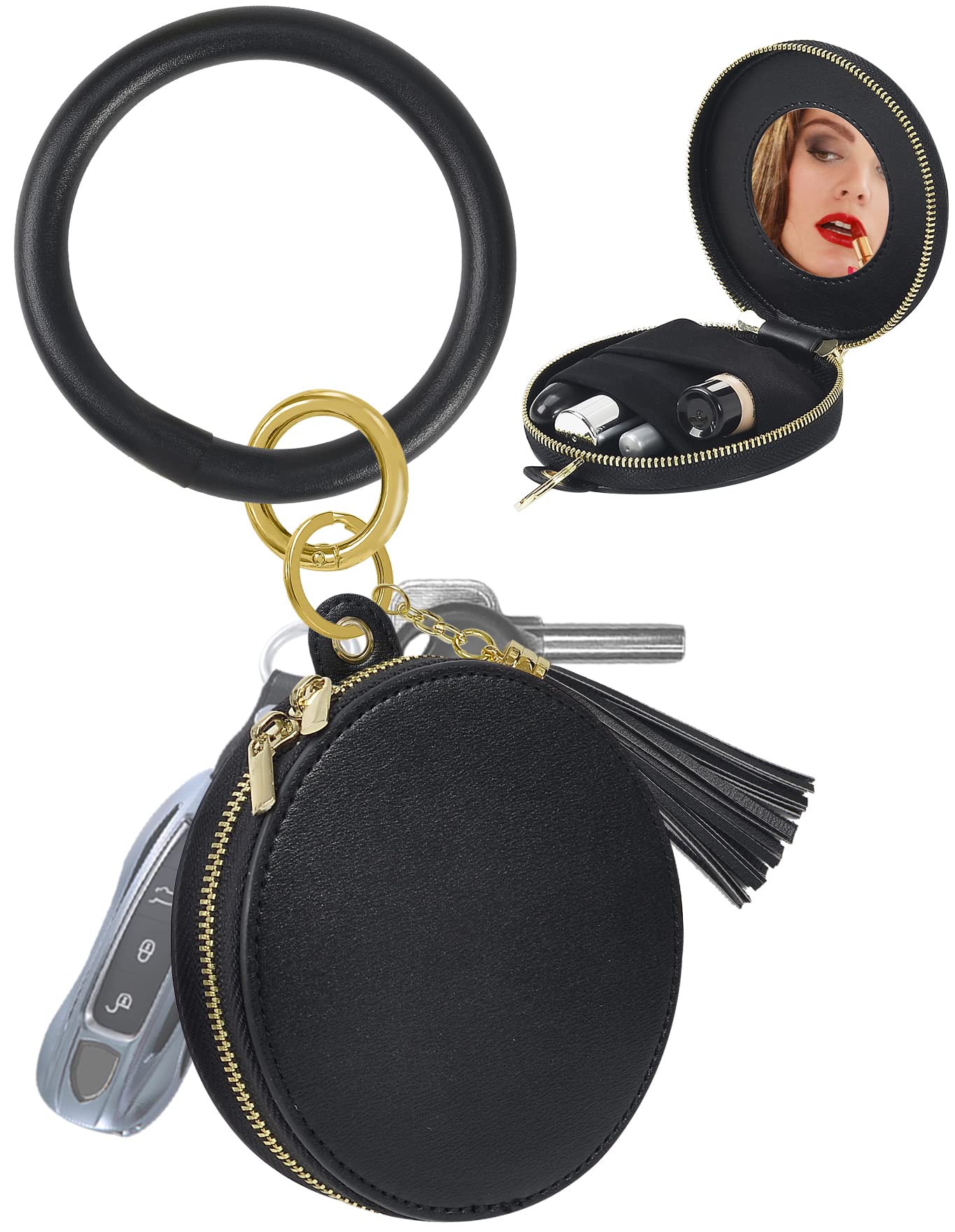 Doormoon Keychain Bracelet, Tassel Key Chain Wristlet Ring Circle Bangle (Makeup Bag-Black)