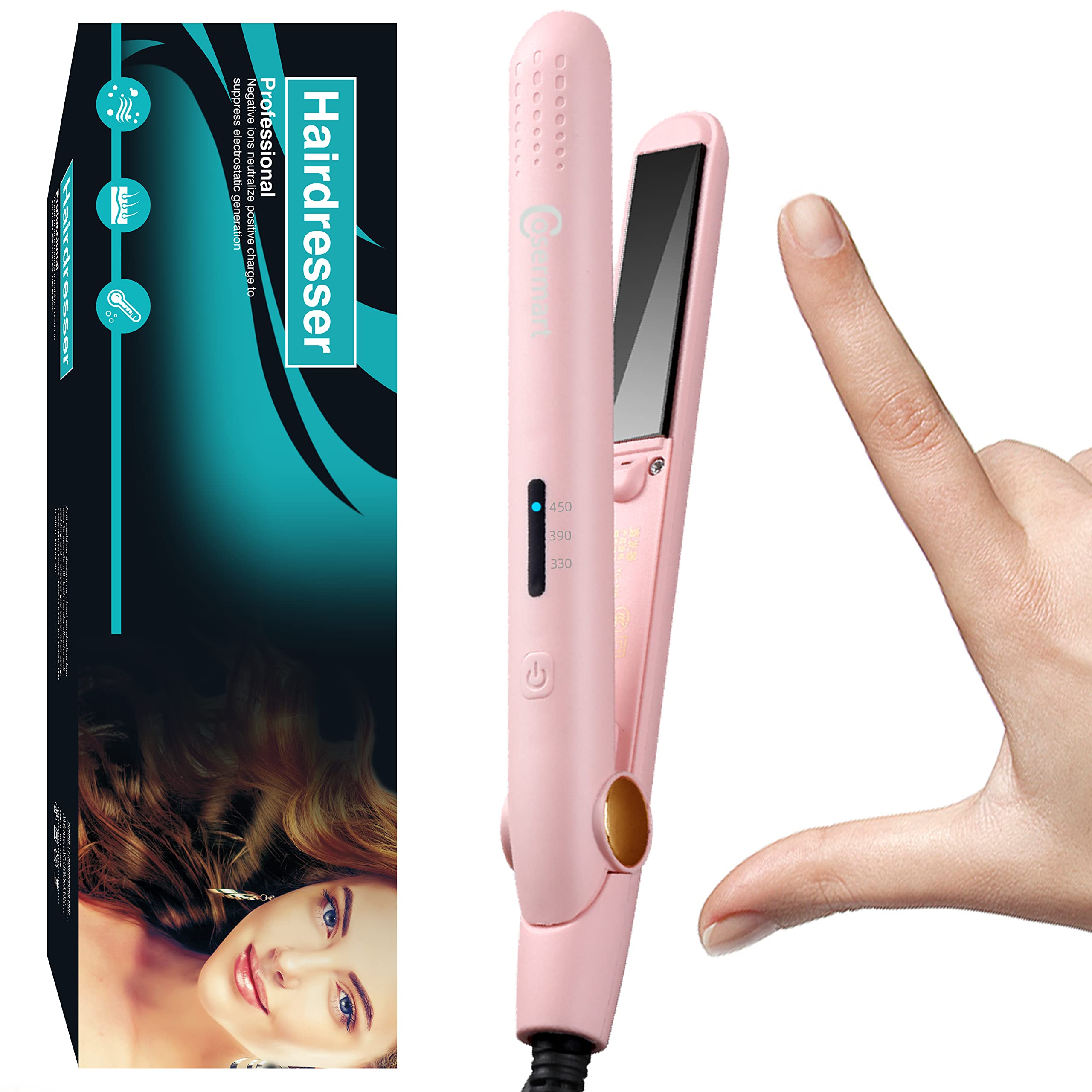 Cosermart Temperature Adjustable Ionic Titanium Ceramic Hair Straightener and Curler 2 in 1 - Dual Voltage Curling Bangs Flat Iron Great for Salon and Travel, Pink