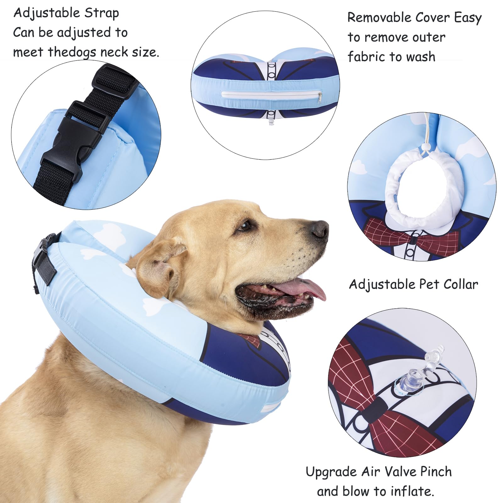 Inflatable Dog Cone Collar,Waterproof Soft Dog Donut Cone for Large Medium Small Dogs Cats, Recovery Dog E-Collar Alternatives After Surgery (Suit Blue, X-Large)