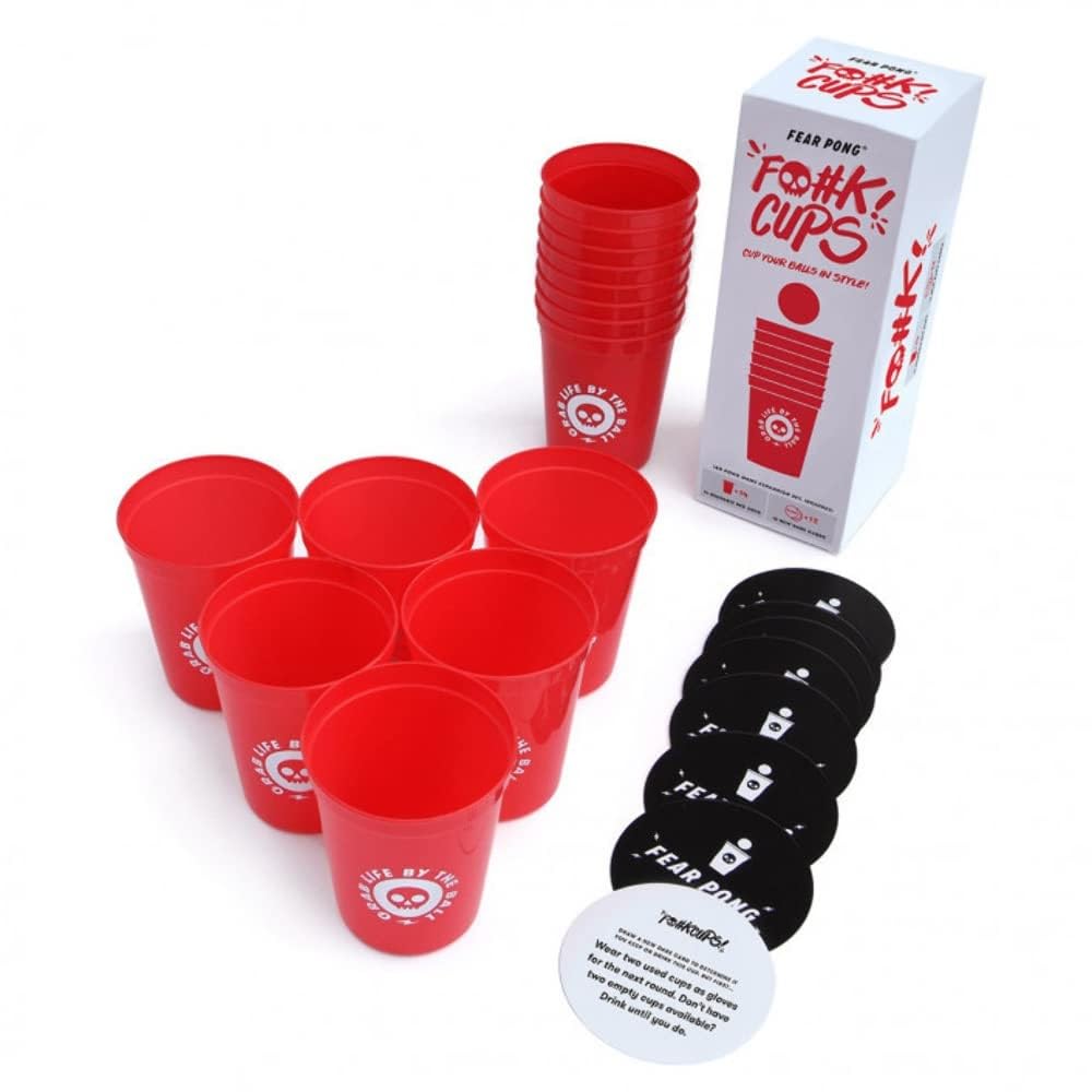 Fear Pong: F@#KCUPS – Add-on for Beer Pong Games – 14 Reusable Red Cups + 12 Extra Dares – The Perfect Accessory for Parties and Game Night