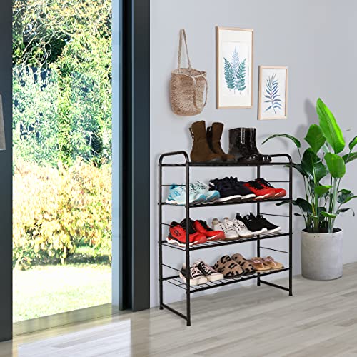 REGILLER 4-Tier Stackable Shoe Rack, Expandable & Adjustable Shoe Organizer Storage Shelf, High Capacity, Wire Grid, Black