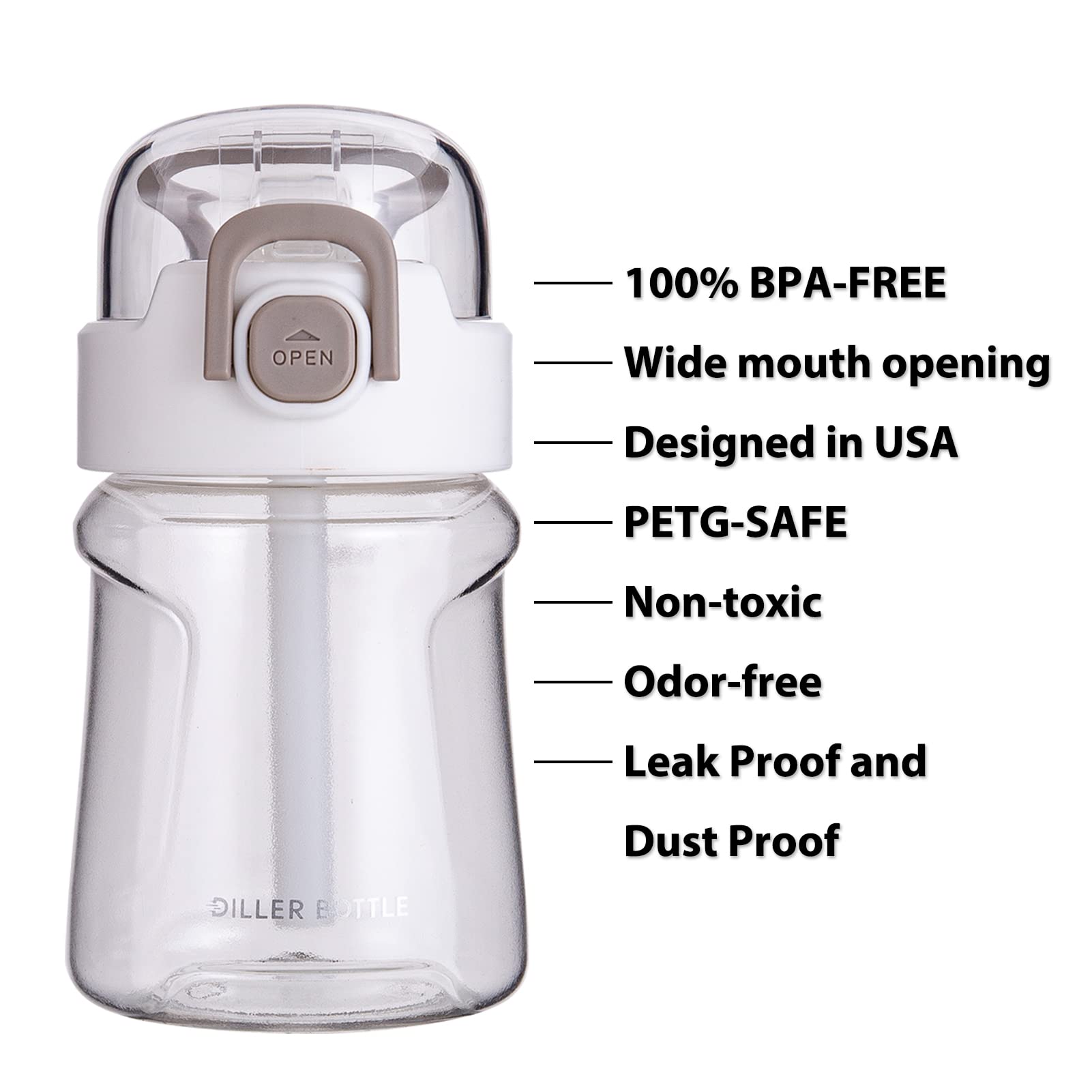 Diller Water Bottle with Straw, 28 or 14 oz BPA Free Sports Plastic Water Bottle with Leak Proof Flip Top Lid for Gym Camping Workouts Outdoors (14 oz, White)