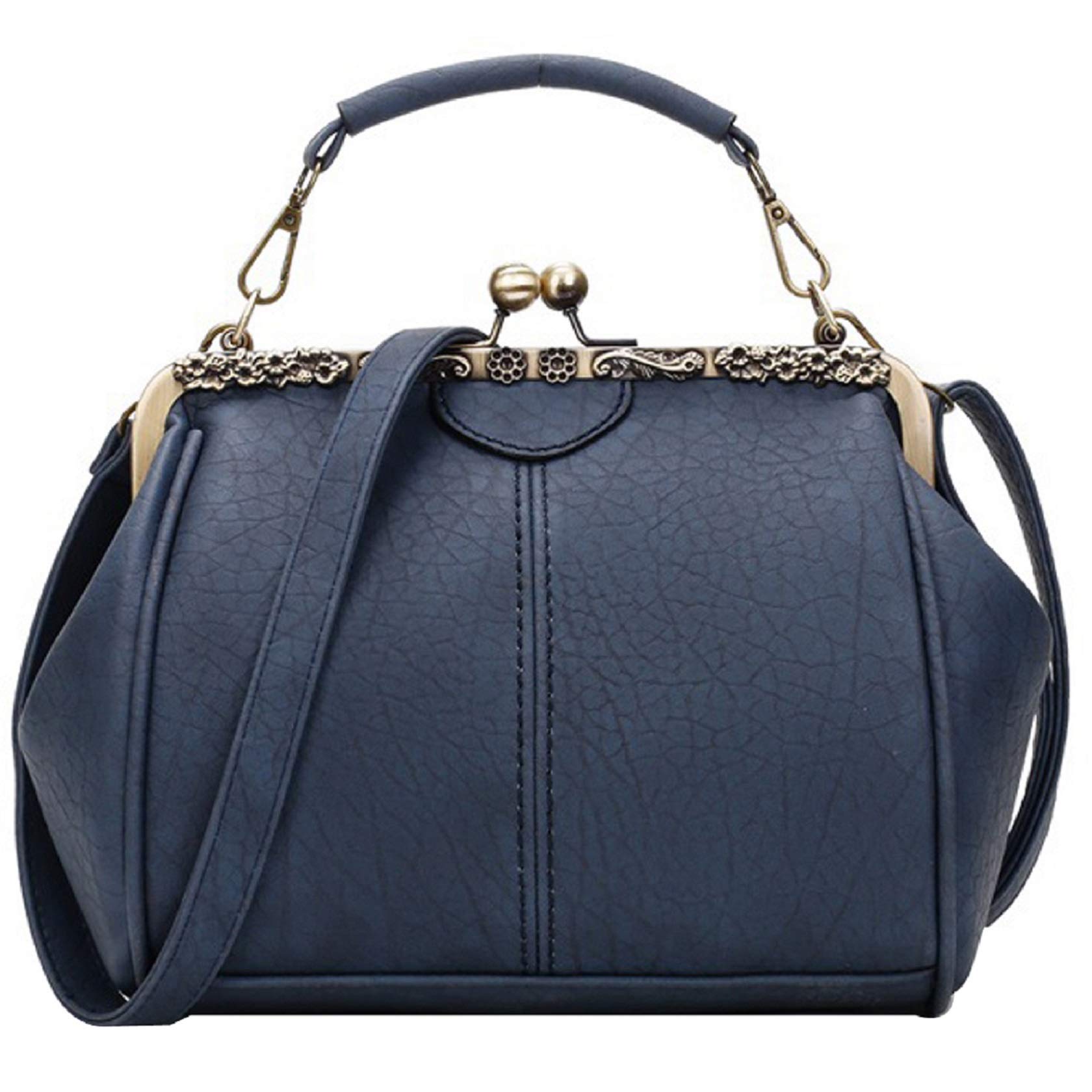 Tipiho Women Wedding Vintage Pu Handbag - Kiss Lock Antique Minimalist Purse(Blue)