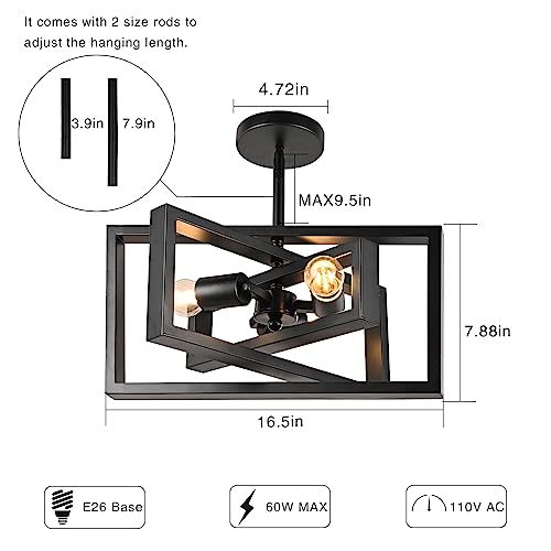 HuisMier 3 Lights Farmhouse Ceiling Light, Rustic Black Semi Flush Mount Ceiling Light Fixture Rectangular Metal Chandelier Lighting for Kitchen Foyer Hallway Bedroom Living Room Bathroom Entrance