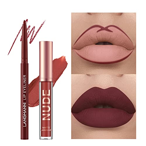 LANGMANNI 6 Matte Lipstick with 6 Lipliners Durable Makeup Set,Long-Lasting Non-Stick Cup Not Fade Waterproof Pigmented Velvet Lipgloss Kit Beauty Cosmetics Makeup Gift for Girls(12PCS)