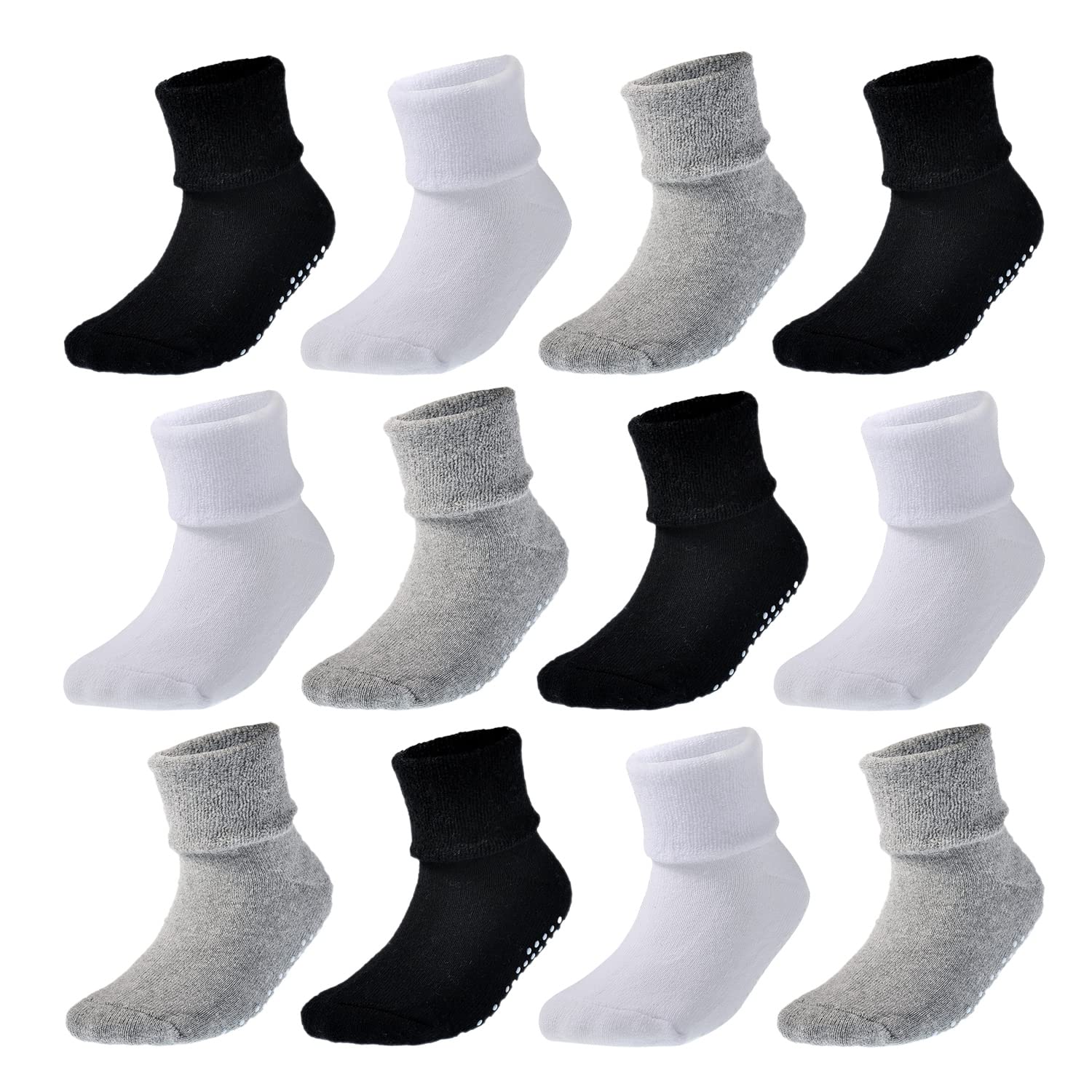 EPEIUS Baby Socks Toddler Non-slip Socks Thick Cotton Crew Socks with Grips Soft Warm Socks 2-4T Boys Girls Black White Blue 6 Pack (Size M)