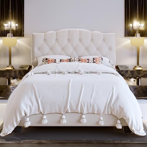 King Size Linen Upholstered Platform Bed Frame with Tufted Headboard for Boys Girls Teens Adults, Noise Free, No Box Spring Needed, Under Bed Storage (King)
