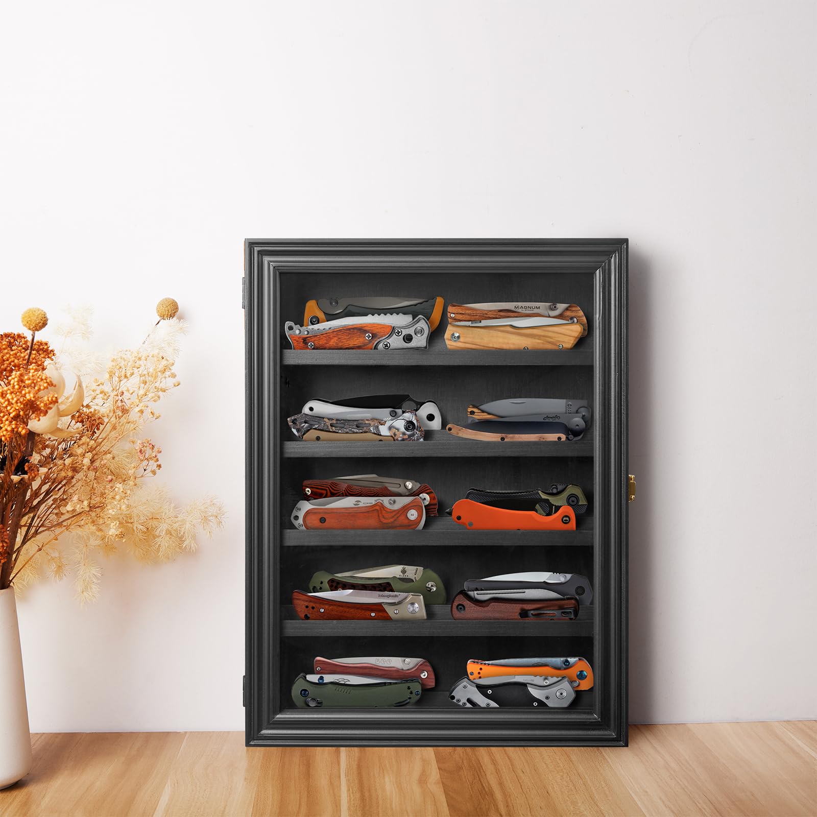 ZAYALI Pocket Knife Display Case for Wall, Pocket Knife Stand for Collections with Uv Protection Acrylic Lockable, 5 Rows Military Folding Knife Stand with Removable 2 Grooves Shelves Black