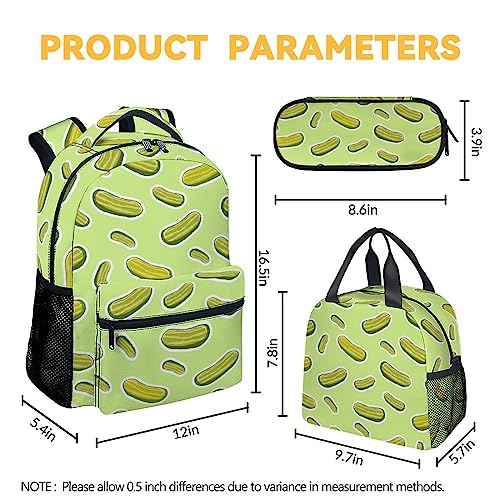 Mercuryelf Pickles Girls Boys Backpack with Lunch Box Set, 3 in 1 School Travel Backpacks Matching Combo, Aesthetic Green Bookbag and Pencil Case Bundle