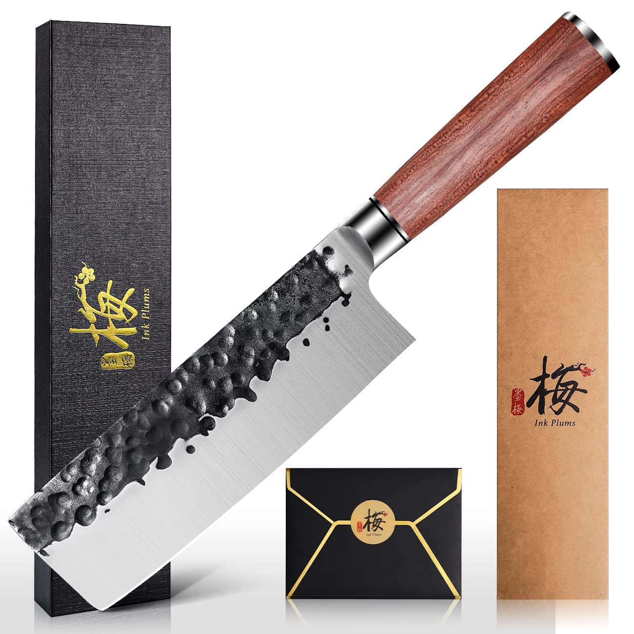 Ink Plums 6.5 Inch Kitchen Nakiri Knife,Vegetable Cleaver Knife Asian Usuba Knife,Stainless Steel With Hand-forged,Brazilian Rosewood Handle and Gift Box for Family & Restaurant