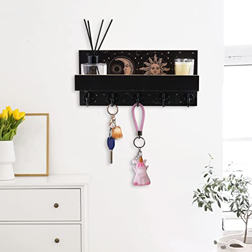 Key Holder for Wall, Patterned Key Hanger for Wall with Shelf, Decorative Key and Mail Holder with 5 Key Hooks for Entryway,Black Sun Moon
