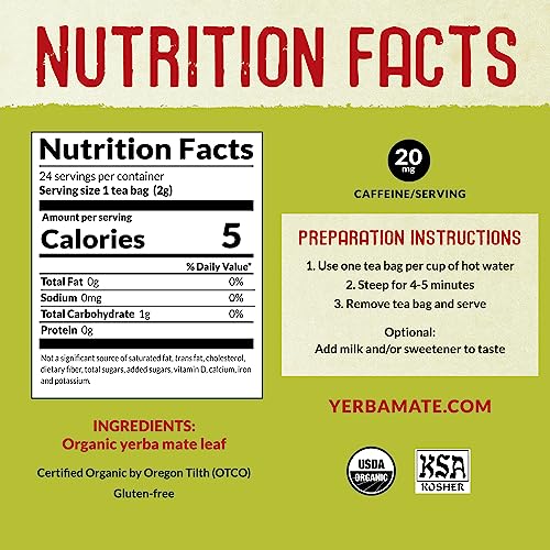 ECOTEAS Organic Unsmoked Yerba Mate Tea Bags - 24 Count, 1.7 Oz - Organic Detox Tea - Hi Caf Tea - Clean Yerba Mate Energy Burst - Ecoteas Yerba Mate