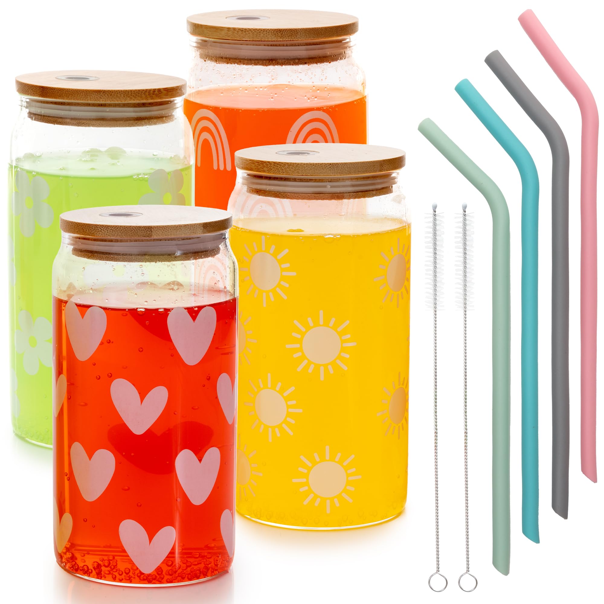 Drinking Glasses with Bamboo Lids - 16oz Glass Cups with Airtight Lid and Wide Silicone Straws - Set of Four - Can Shape Glassware with Fun Designs