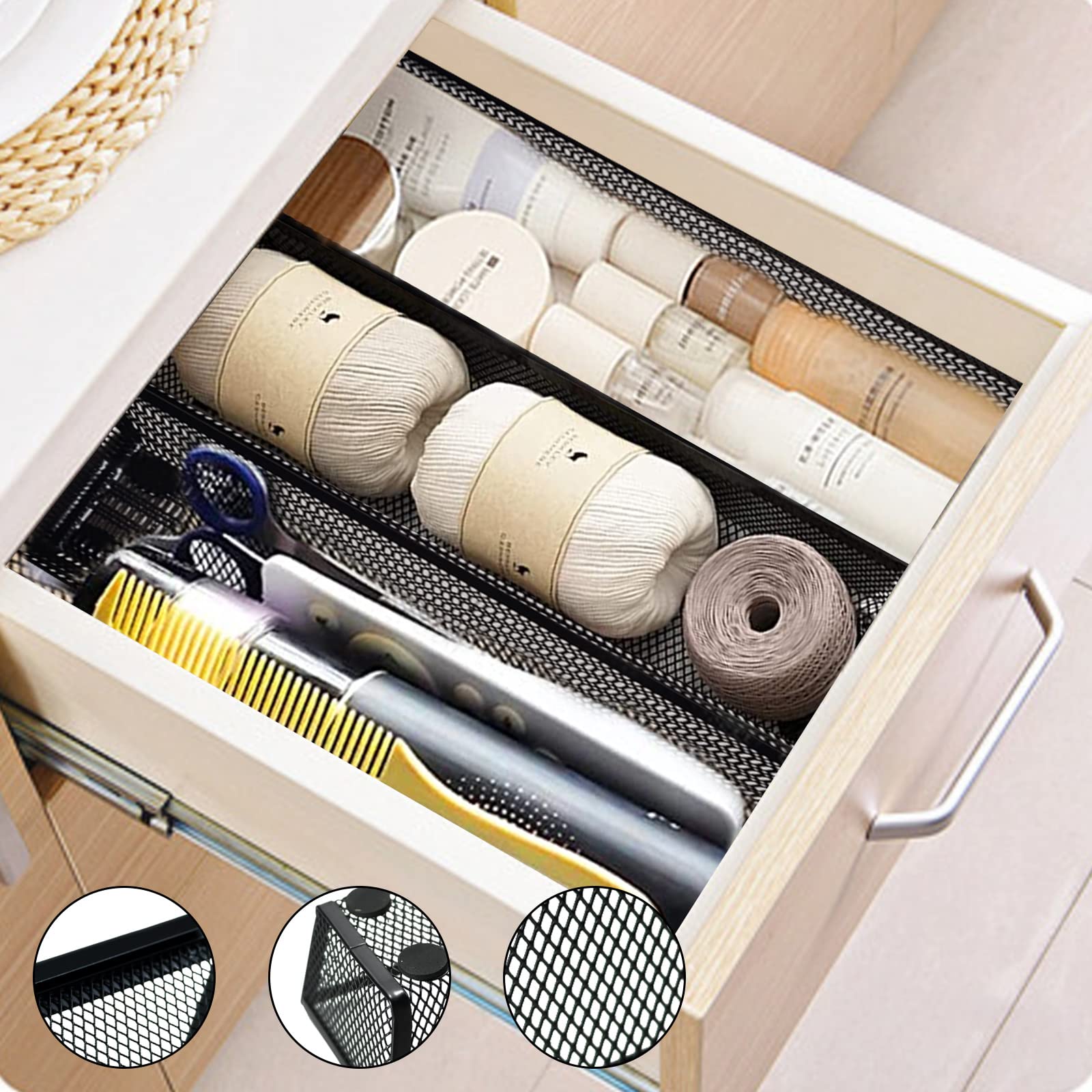 Chris.W 6Pcs Kitchen Utensil Drawer Organizers Tray Mesh Silverware Cutlery Tray with Interlocking Arm, Free Combination for Flatware Spoons Forks Knifes Storage (Black - 8.78x3.15x2in)