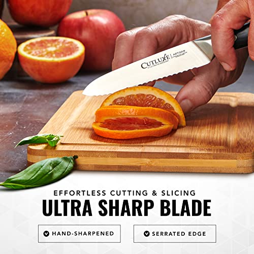 Cutluxe Serrated Kitchen Utility Knife, 5" Tomato Knife β Forged High Carbon German Steel β Full Tang & Razor Sharp β Ergonomic Handle Design β Artisan Series