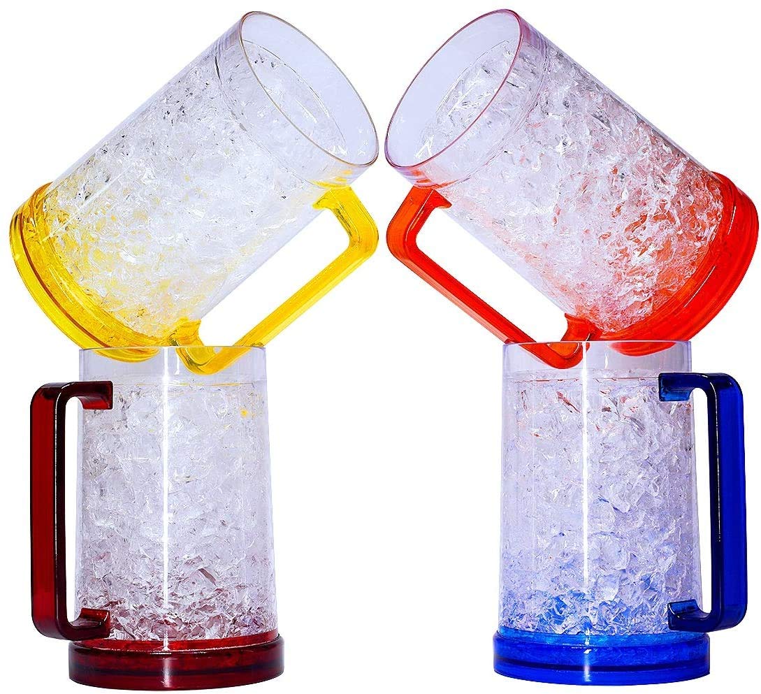 Drinking Glasses Cups, Double Wall Gel Freezer Beer Mugs, Freezer Ice Mugs Cups, 16oz, Plastic Cooling Beer Mug Clear Set of 4 (Red, Green, Blue, Orange)