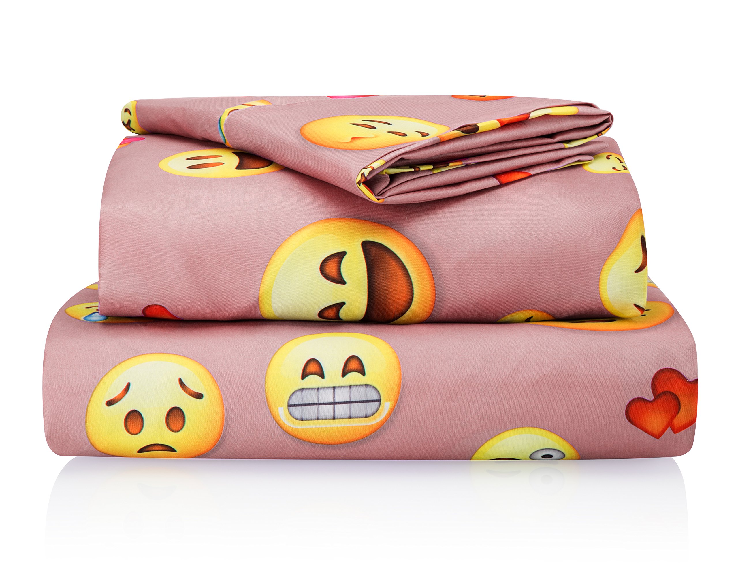 Chital Twin Bed Sheets for Girls | 3 Pc Colorful Kids Bedding Set | Pink Emoji Print | Durable Super-Soft, Double-Brushed Microfiber | 1 Flat & 1 Fitted Sheet, 1 Pillow Case | 15" Deep
