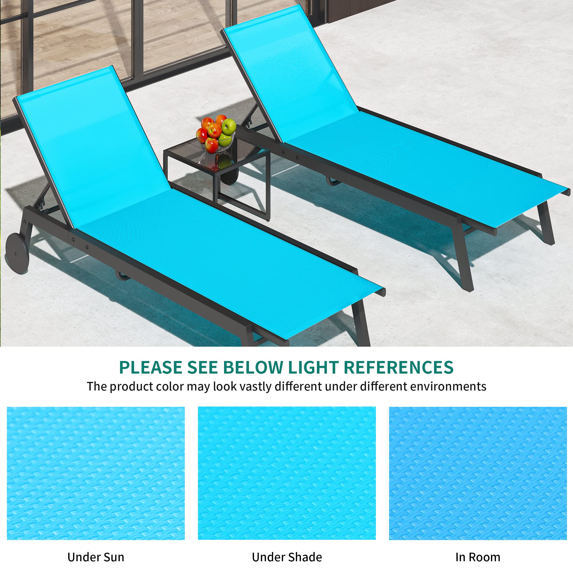 YITAHOME Outdoor Chaise Lounge Chairs Set with Side Table, 3 Pieces Adjustable Backrest Poolside Loungers with Aluminum Frame/Textilene Fabric/Wheels for Pool Beach Patio Lawn Porch (Blue)