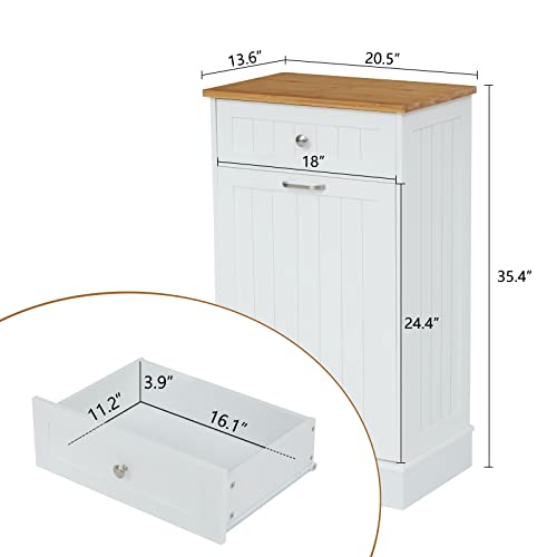 Kinsuite Tilt Out Trash Bin - White Wooden Trash Cabinet, Free Standing Kitchen Trash Can, Holder & Recycling Cabinet with Hideaway Drawer, Removable Bamboo Cutting Board