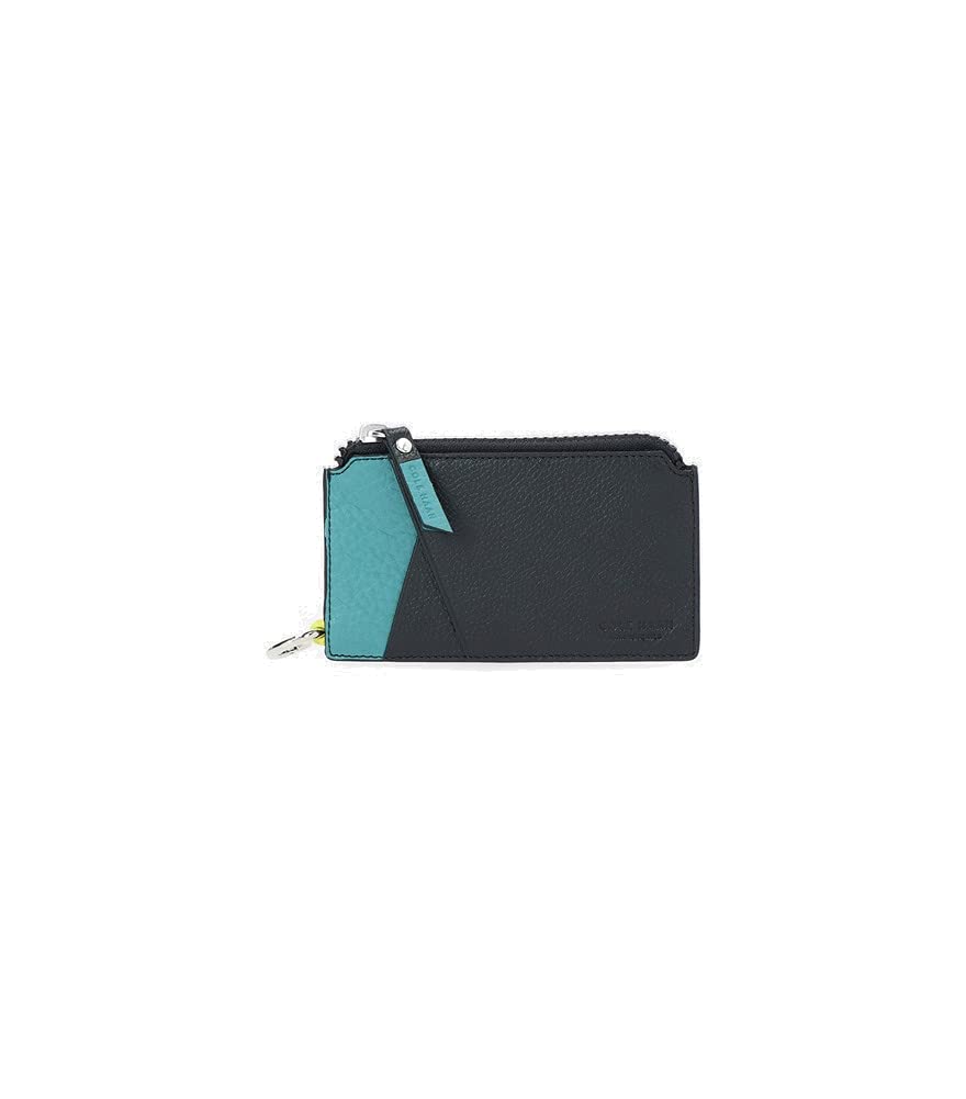 Cole Haan Men's GRANDSERIES Color Block Leather Card Case Zipper Wallet with Key Ring, Black/Teal, One Size