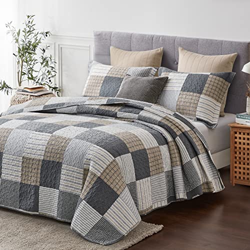 PANGUSHAN 100% Cotton Quilt Set Queen Size,Patchwork Plaid Queen Quilt Bedding Set Bedspreads,Farmhouse Lightweight Comforter,Grey/Gray/Black/Tan/White/Cream Reversible Quilt for Queen Bed,3 Pieces