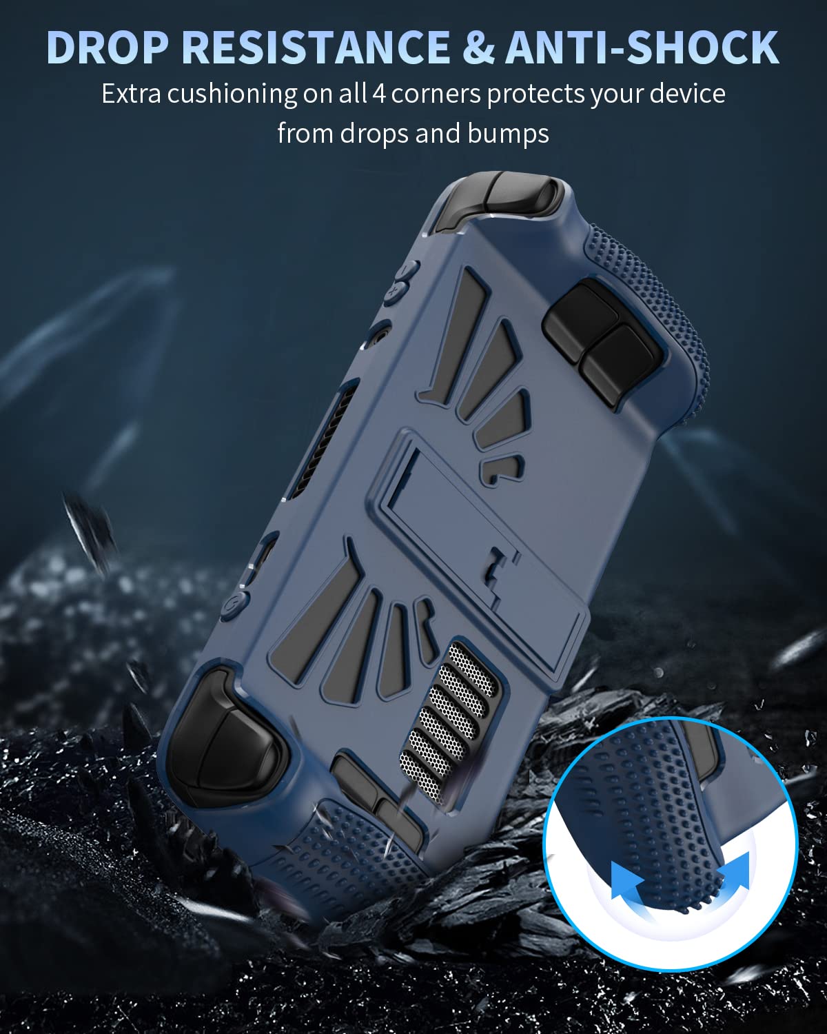 FREEOL Kickstand Protective Case for Steam Deck, TPU Adjustable Stand Base Cover Case with 4 Rocker Caps, shock-absorbing, anti-skid, anti-scratch functional protective cover for Steam Deck- Blue