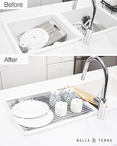 Large Dish Drying Rack for Kitchen Sink - Over Sink Dish Drying Rack to Dry Dishes & Drain Items - Modern & Stylish Dish Rack Set with Extra Side Tray - Space-Saving Roll-Up Counter Drainboard - Grey