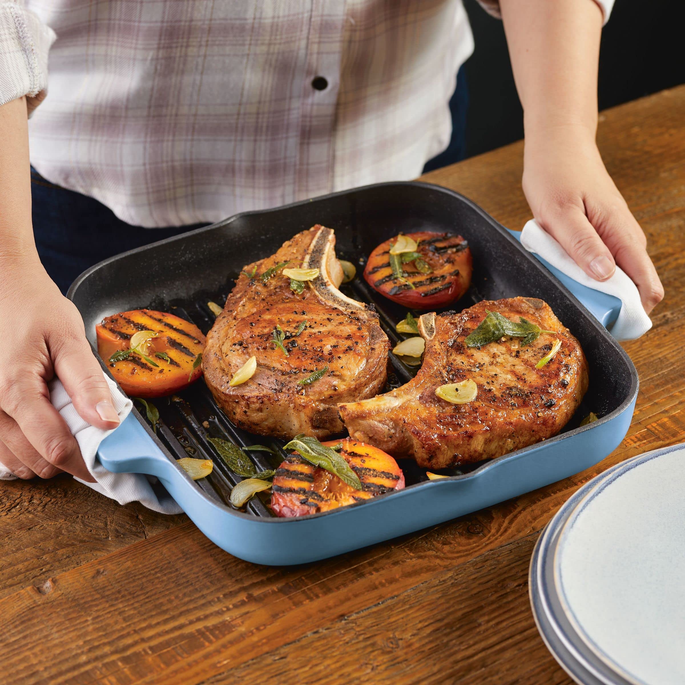 KitchenAid Enameled Cast Iron Square Grill and Roasting Pan, 11 Inch, Blue Velvet