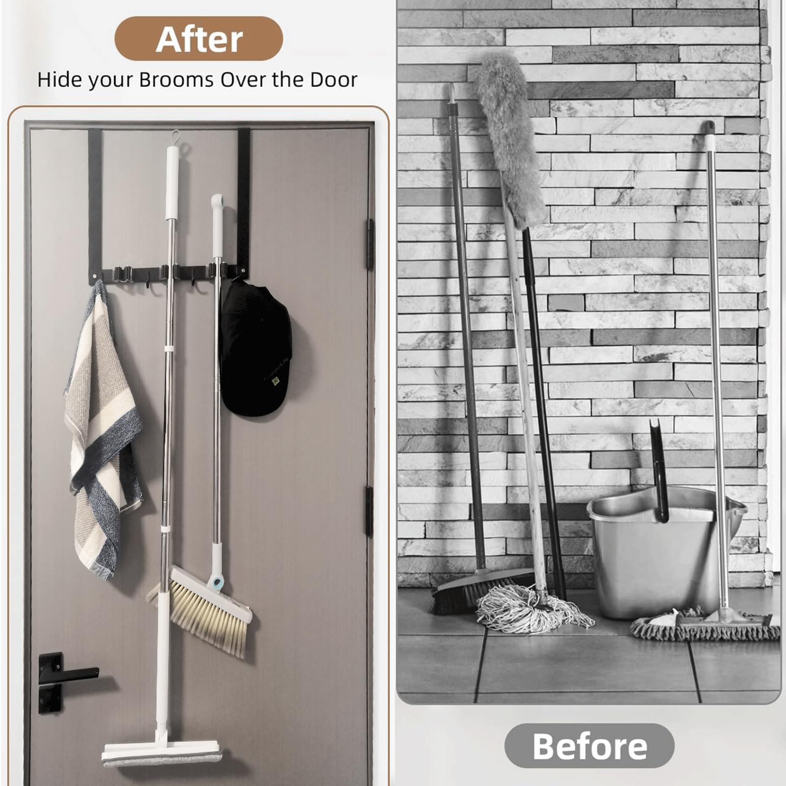 Over the Door Broom and Mop Holder,Drilling Free Mop and Broom Holder Wall Mount with 2 Over Door Hooks,Metal Mop and Broom Holder for Laundry Room, Garage, Kitchen, Closet, Bathroom